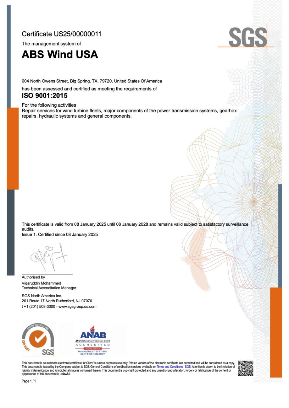 ABS Wind renews ISO 9001:2015 for wind turbine repair in the US
